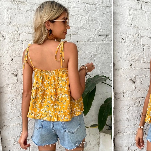SHEIN | Tops | Nwt Ditsy Floral Tie Shoulder Mustard Two Layer Ruffle ...